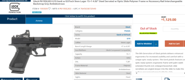 Glock 19 Gen6 w/EOTech 9mm Luger 15+1 4.02″ Steel Serrated w/Optic ...